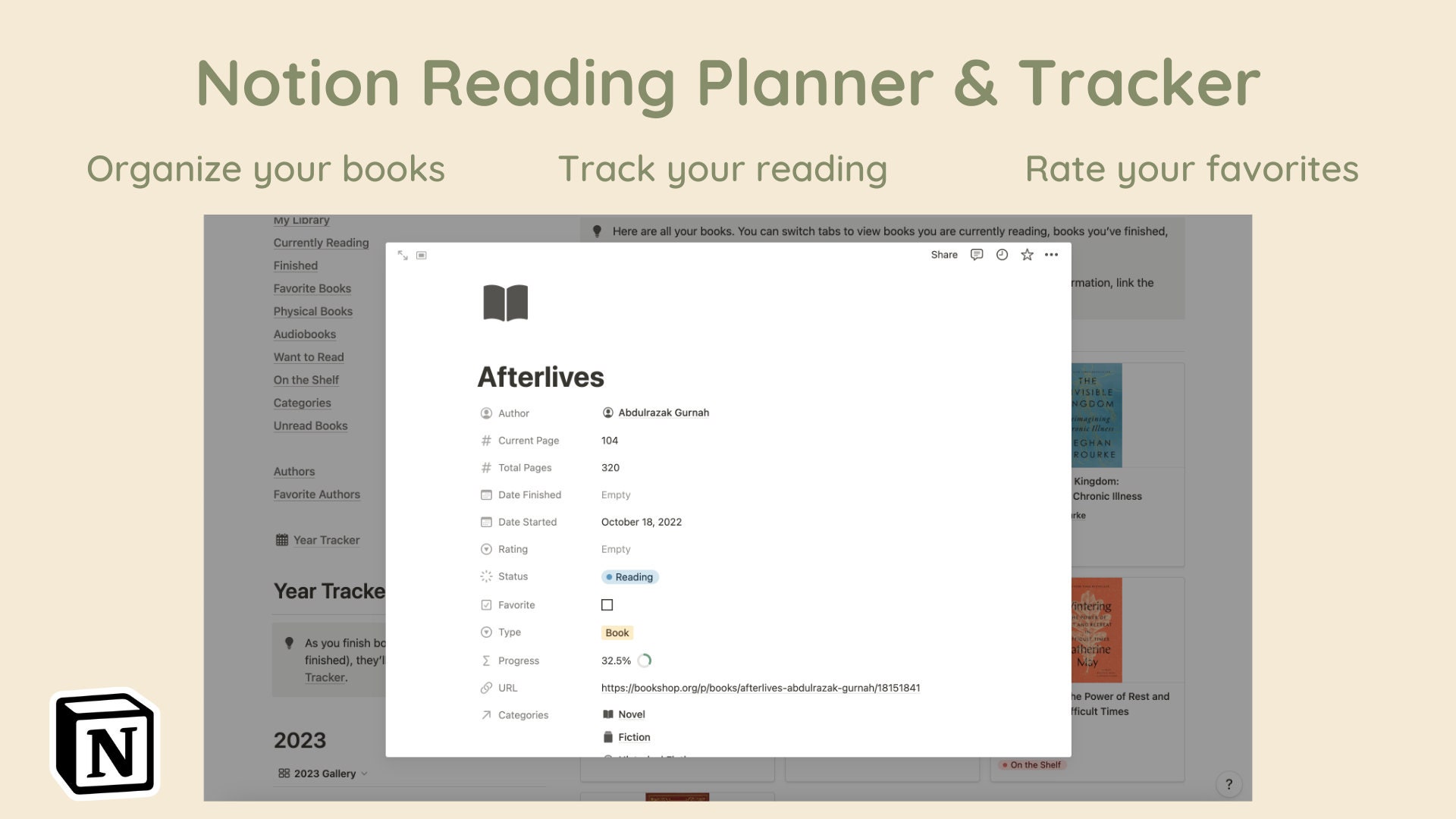 Notion Reading Planner & Tracker Personal Library - Etsy