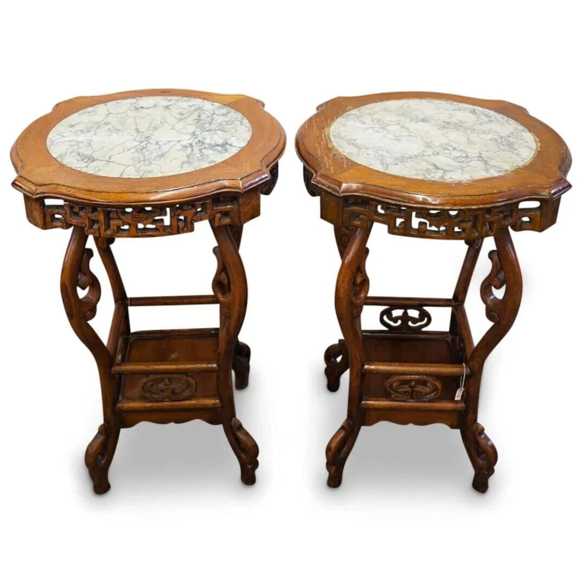 Pair of Antique Chinese Carved Pedestal Lamp Tables Marble Top - Etsy