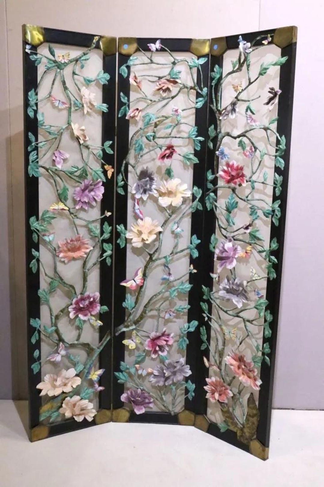 Lee Menichetti Hand Painted Floral 3-panel Metal Screen - Etsy