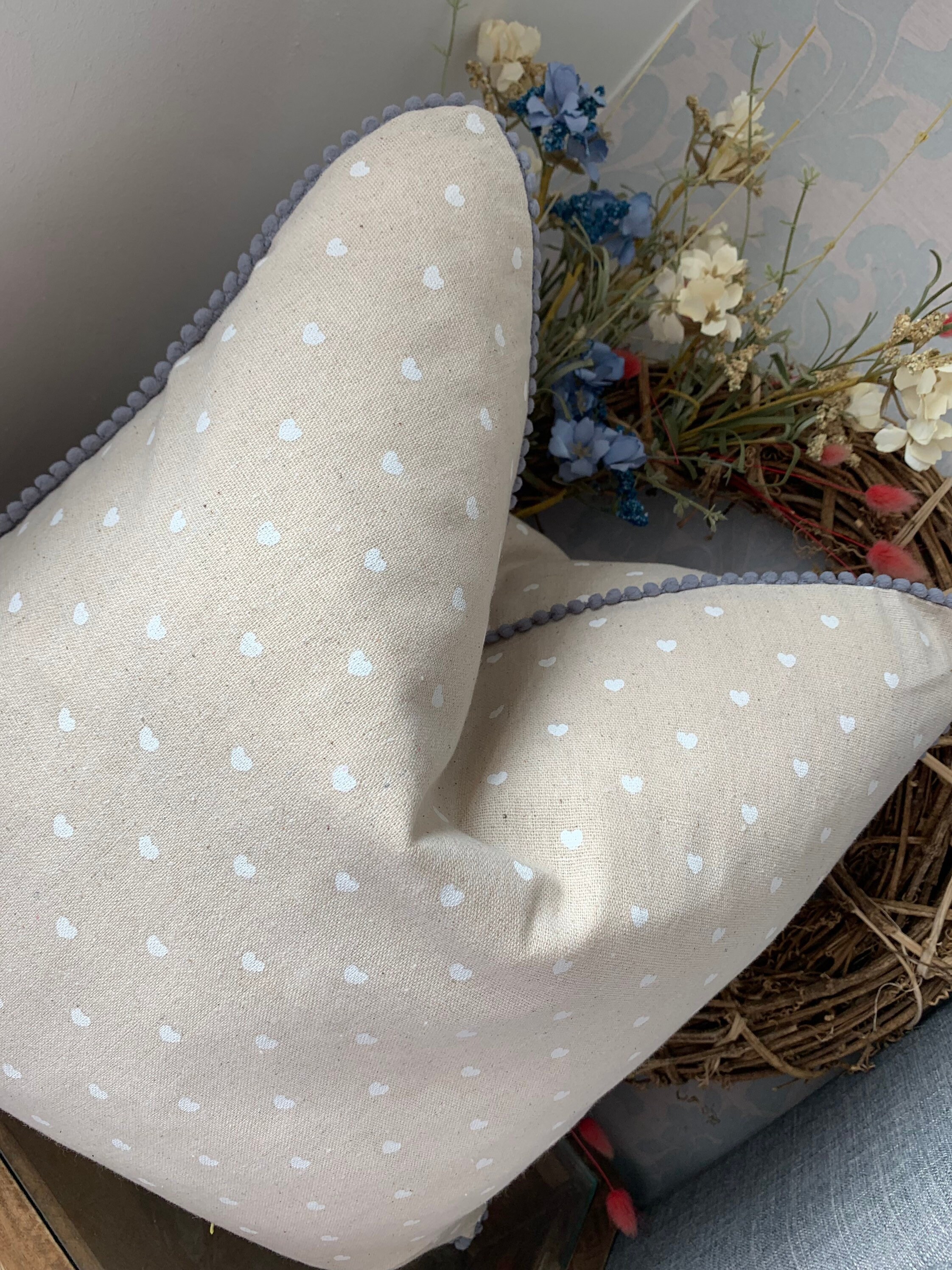 Sweet heart cushion covers pom-poms edging shabby chic | Etsy