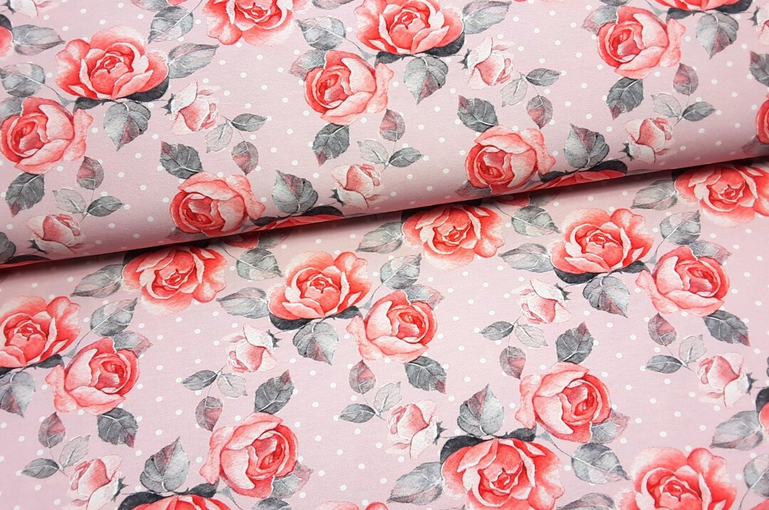 EUR 18.90/1 M Cotton Jersey Jersey Roses Flowers Dots Dots Old Pink ...