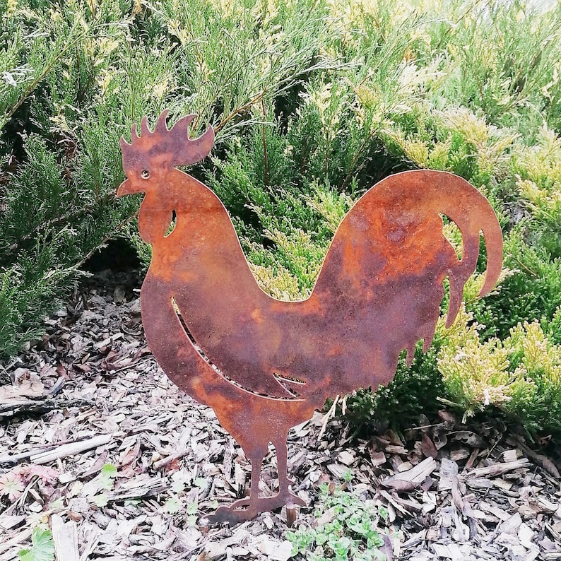 Metal rooster garden decor metal cockerel garden art rusty | Etsy