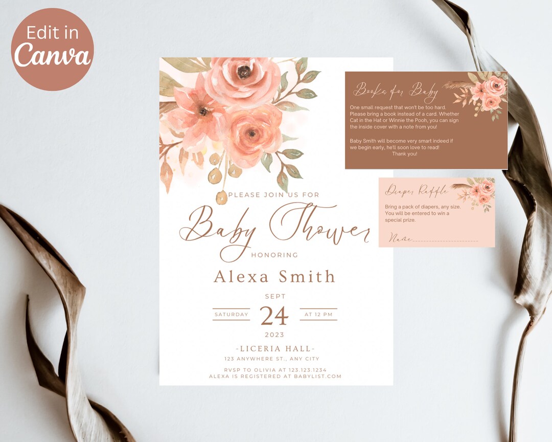 Baby Shower Invitation Set Template, Bundle, Diaper Raffle, Book, Coral ...