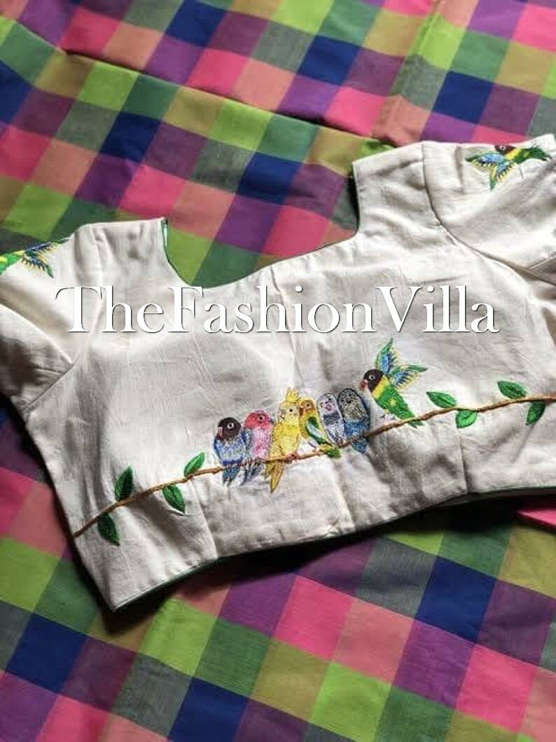 Multicolor Embroidered Bird Cotton Stitched Readymade Blouse off White ...
