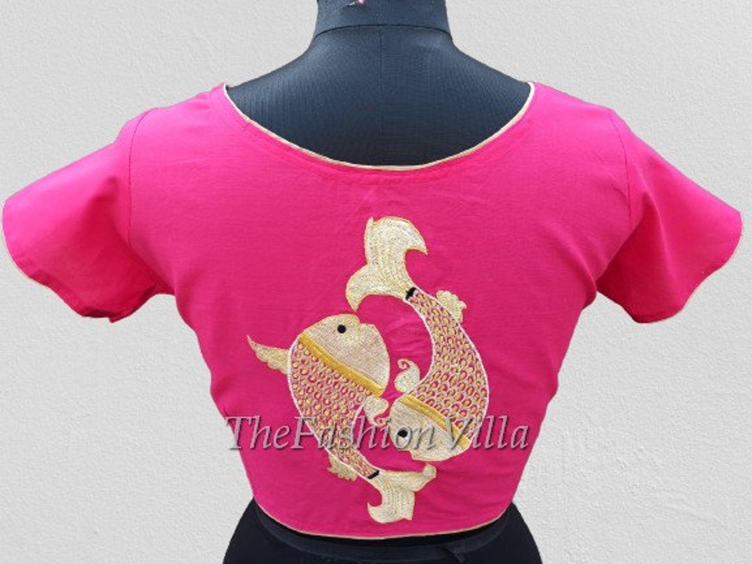 Indian Traditional Fish Applique Cotton Readymade Blouse Stitched Saree ...