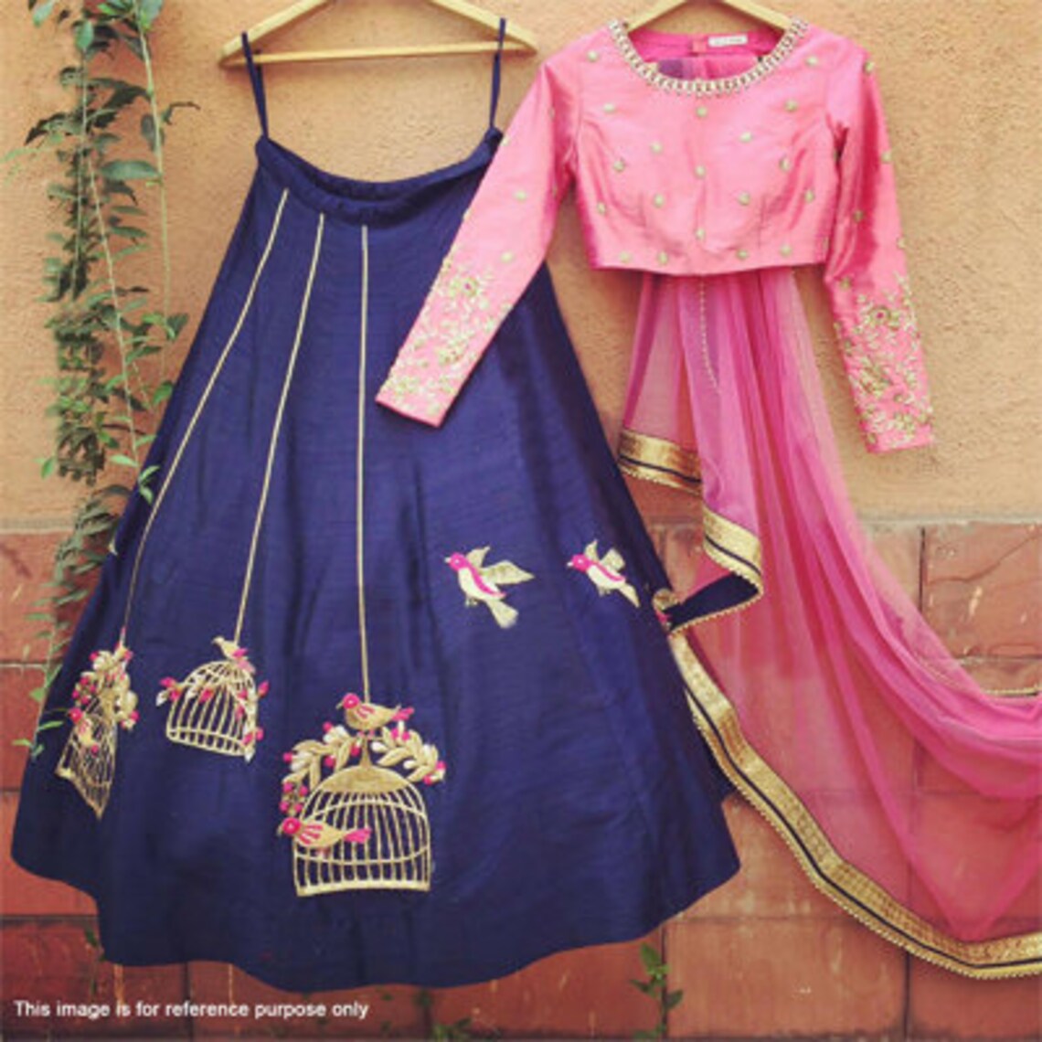 Indian Navy Blue Lehenga With Pink Choli & Dupatta Crop Top Tunic ...