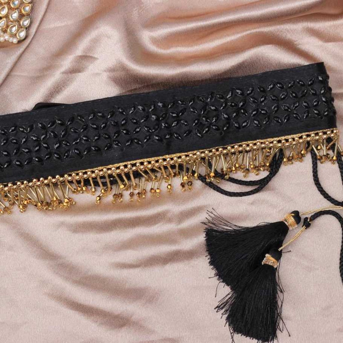Black Sequin Embellished Tasseled Saree Waist Belt and Kamarbandh for ...