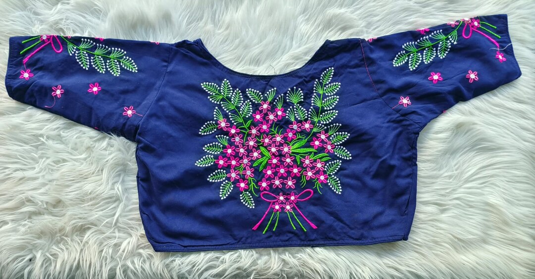 Embroidered Customize Blue Cotton Saree Blouse for Indian Women Party ...