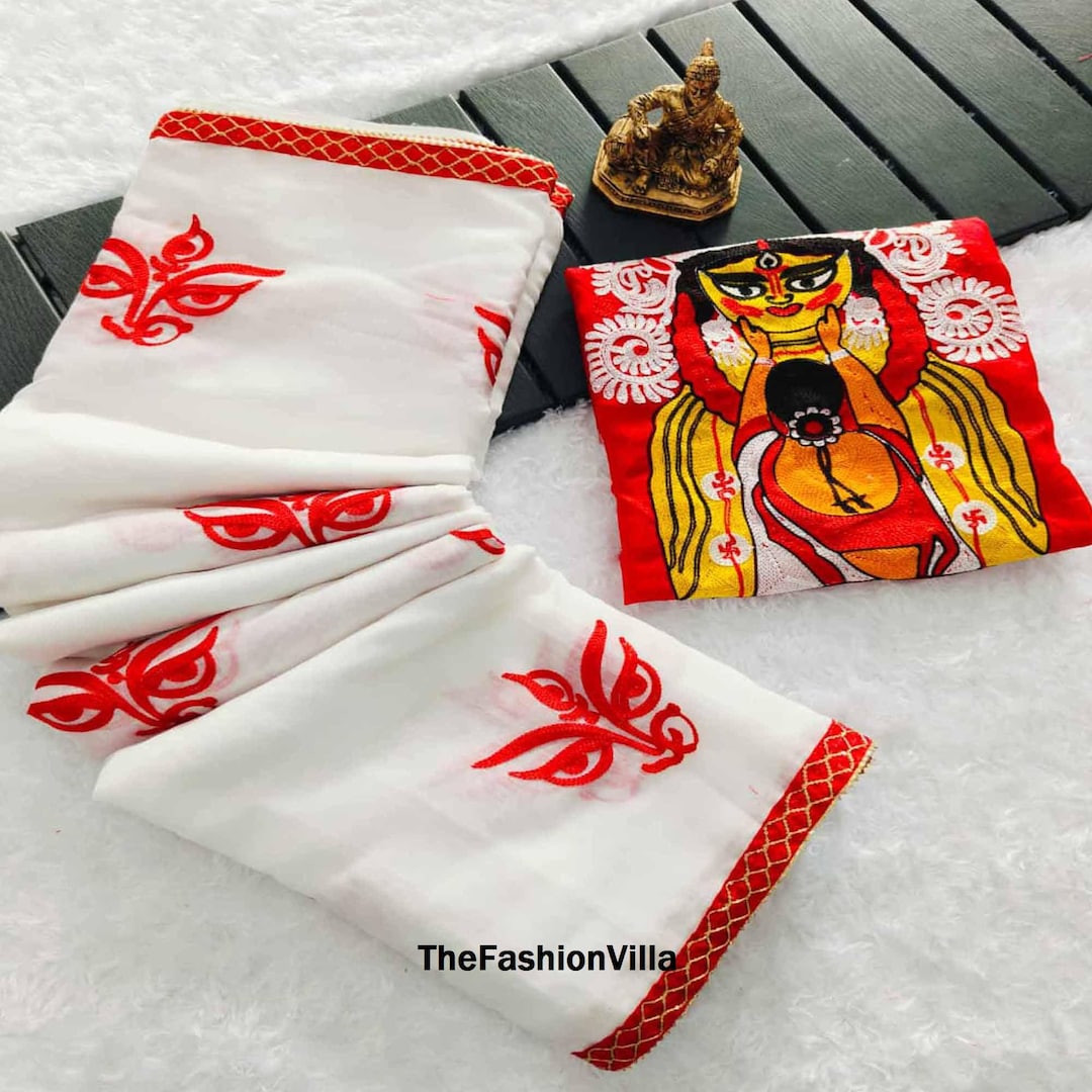 Heavy Hand Embroidery White Linen Saree: Durga Puja Linen Saree With Un ...