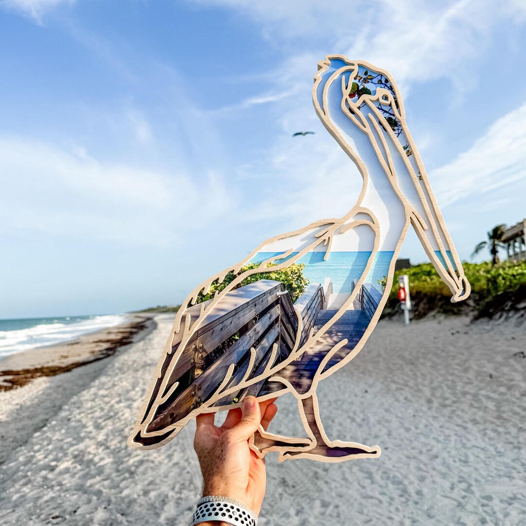 Pelican, Handmade Wooden Pelican Wall Art With Coastal Beach View ...