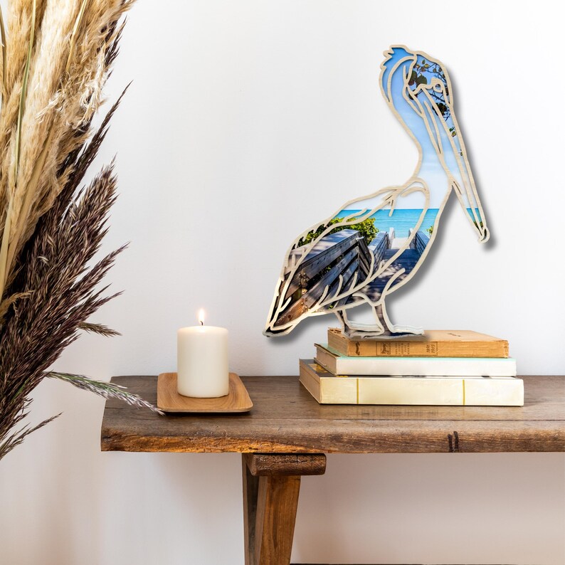 Pelican, Handmade Wooden Pelican Wall Art With Coastal Beach View ...