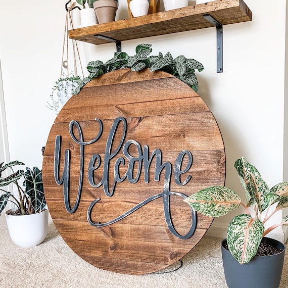 Rustic Welcome Round Reclaimed Wood Sign /Welcome Decor | Etsy