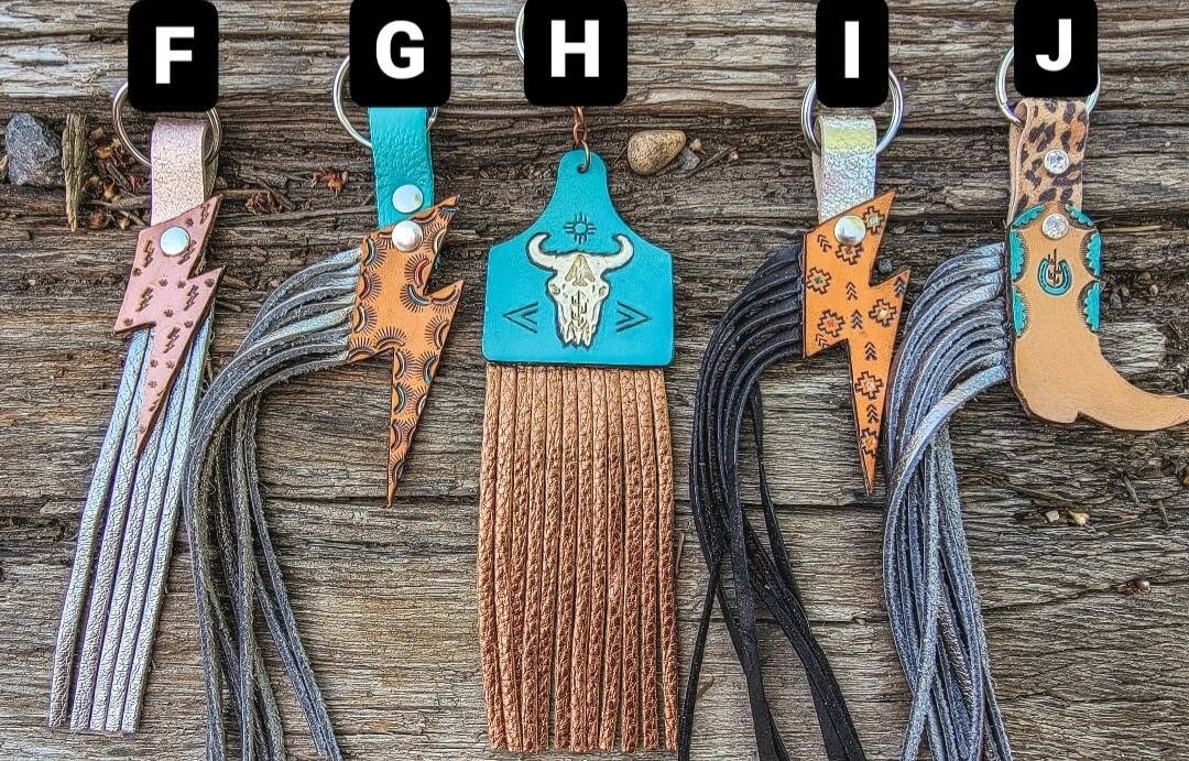 Tooled leather keychain with leather | Etsy