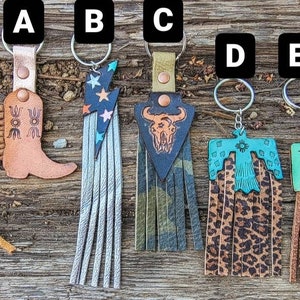 Tooled leather keychain with leather | Etsy