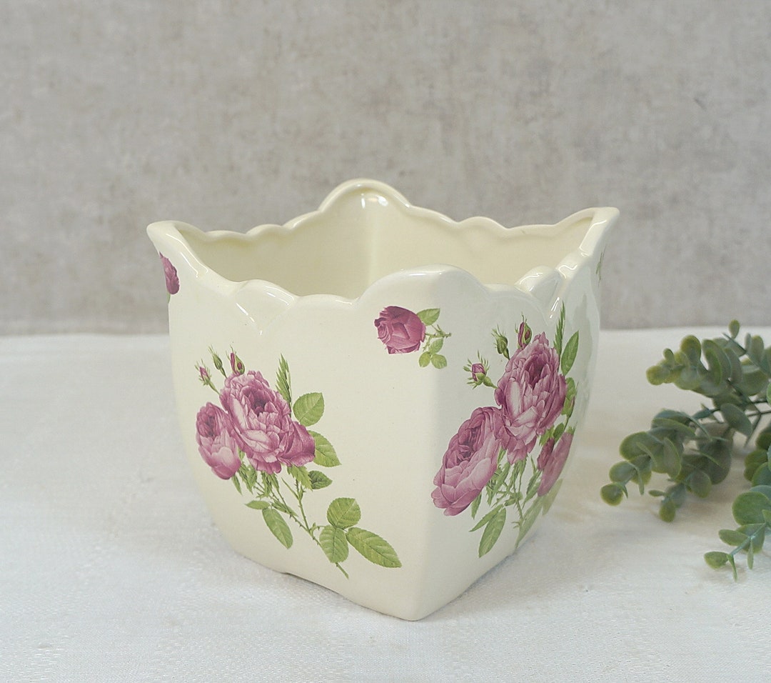 Vintage Flower Pot, Planter, Ceramic Pot - With Rose Decor and Wavy ...