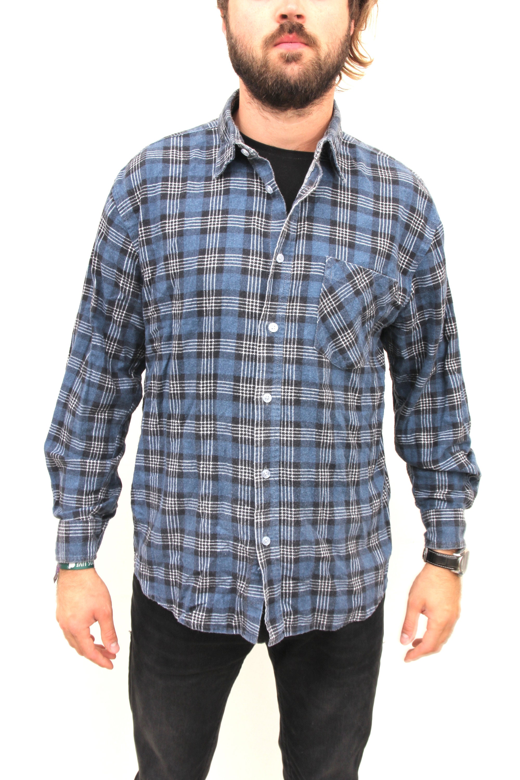 Blue Plaid Shirt For Men Slim Fit Shirt Checkered Shirt Vintage Casual 
