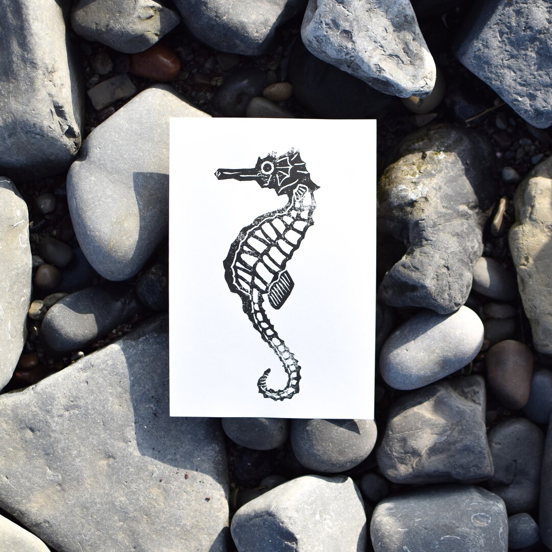 Seahorse Lino Print, Original Handmade Art, Eco-friendly Ocean Themed ...