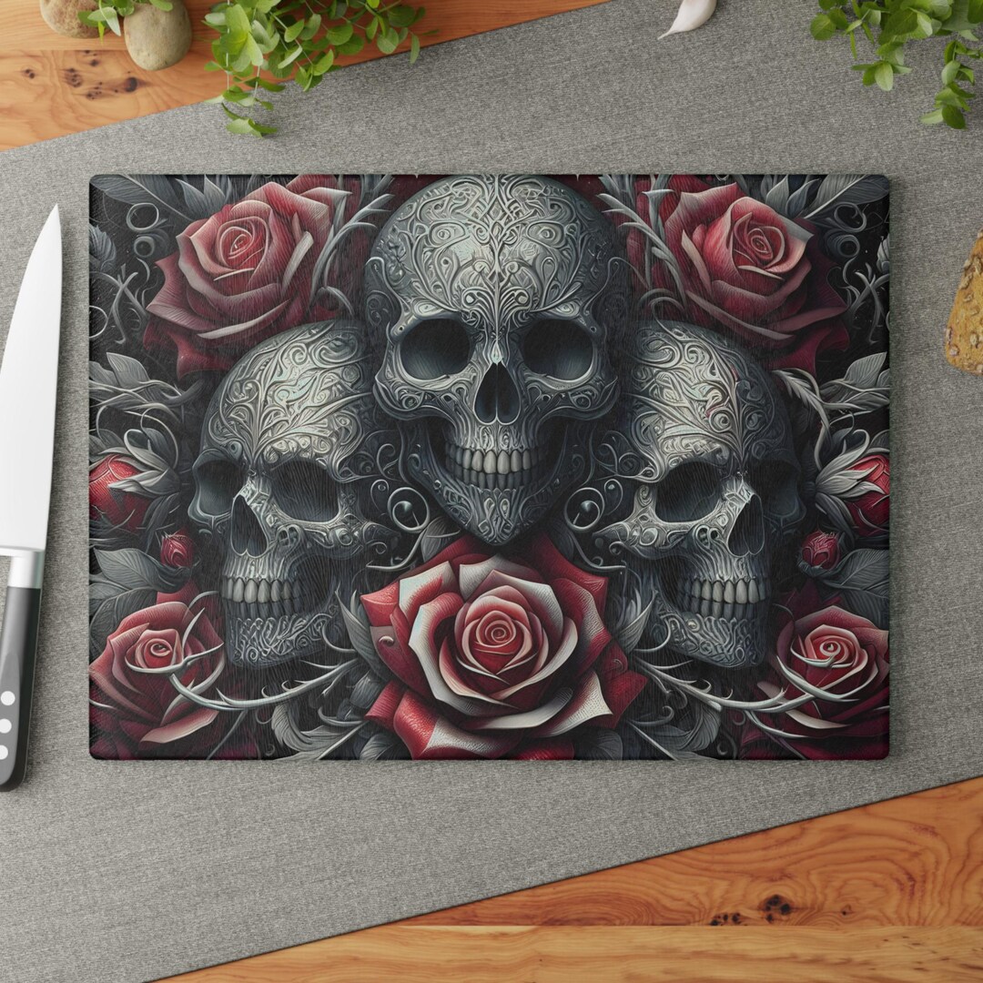 Goth Skull and Roses Glass Cutting Board, Gothic, Dark Academia Horror ...