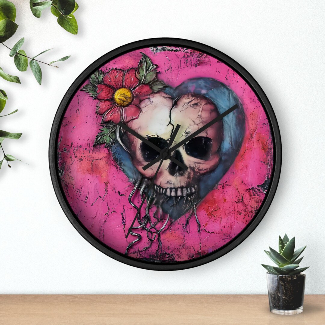 Goth Broken Heart Skull Wall Clock, Hot Pink Grunge Anti Valentine ...