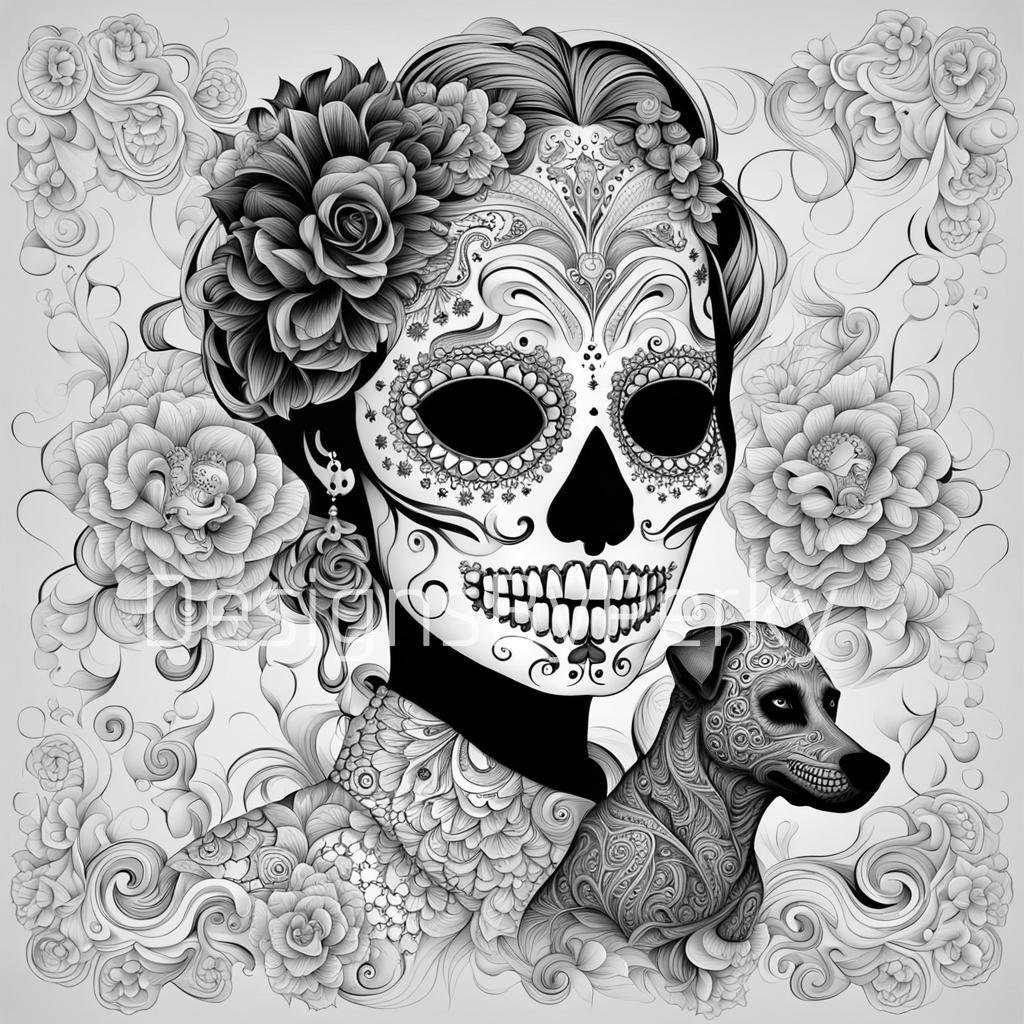 7 Different Dog and Woman Sugar Skull, Day of the Dead, Dia De Los ...