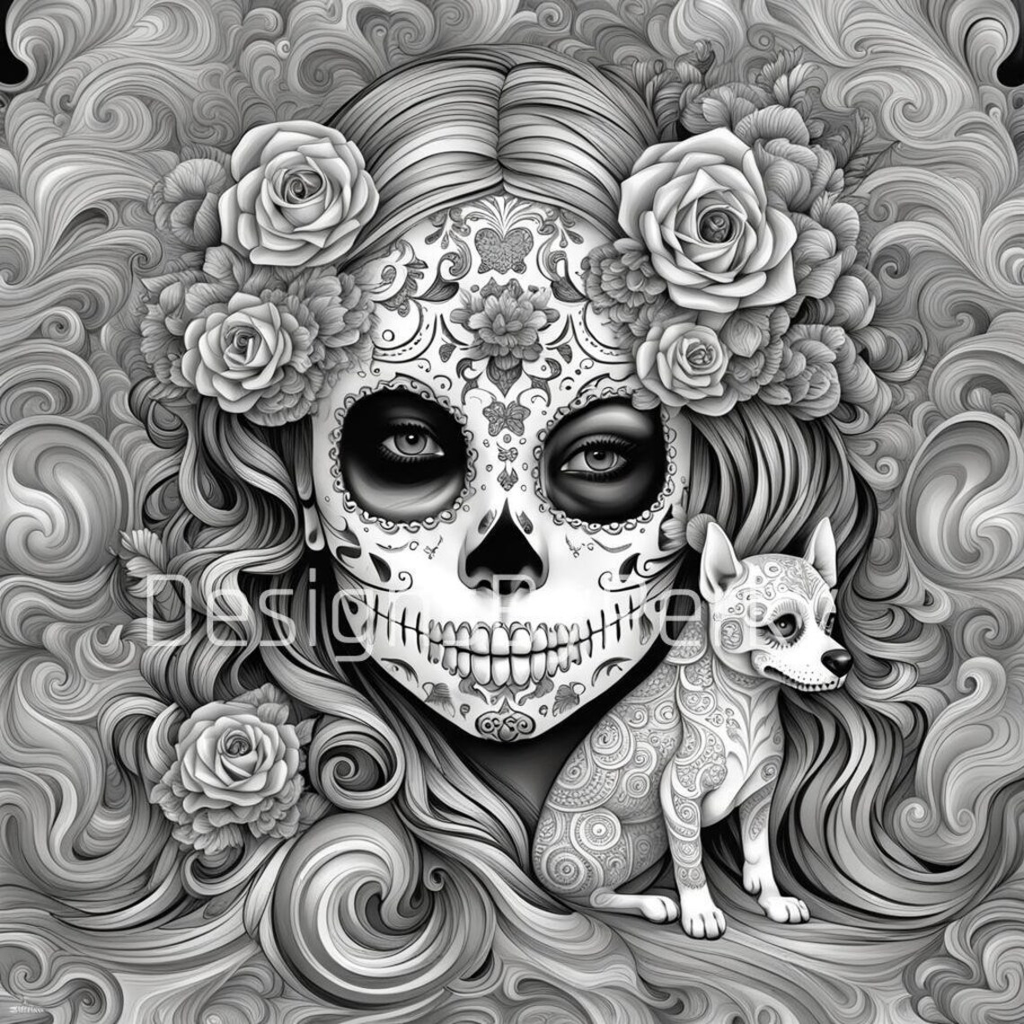 7 Different Dog and Woman Sugar Skull, Day of the Dead, Dia De Los ...