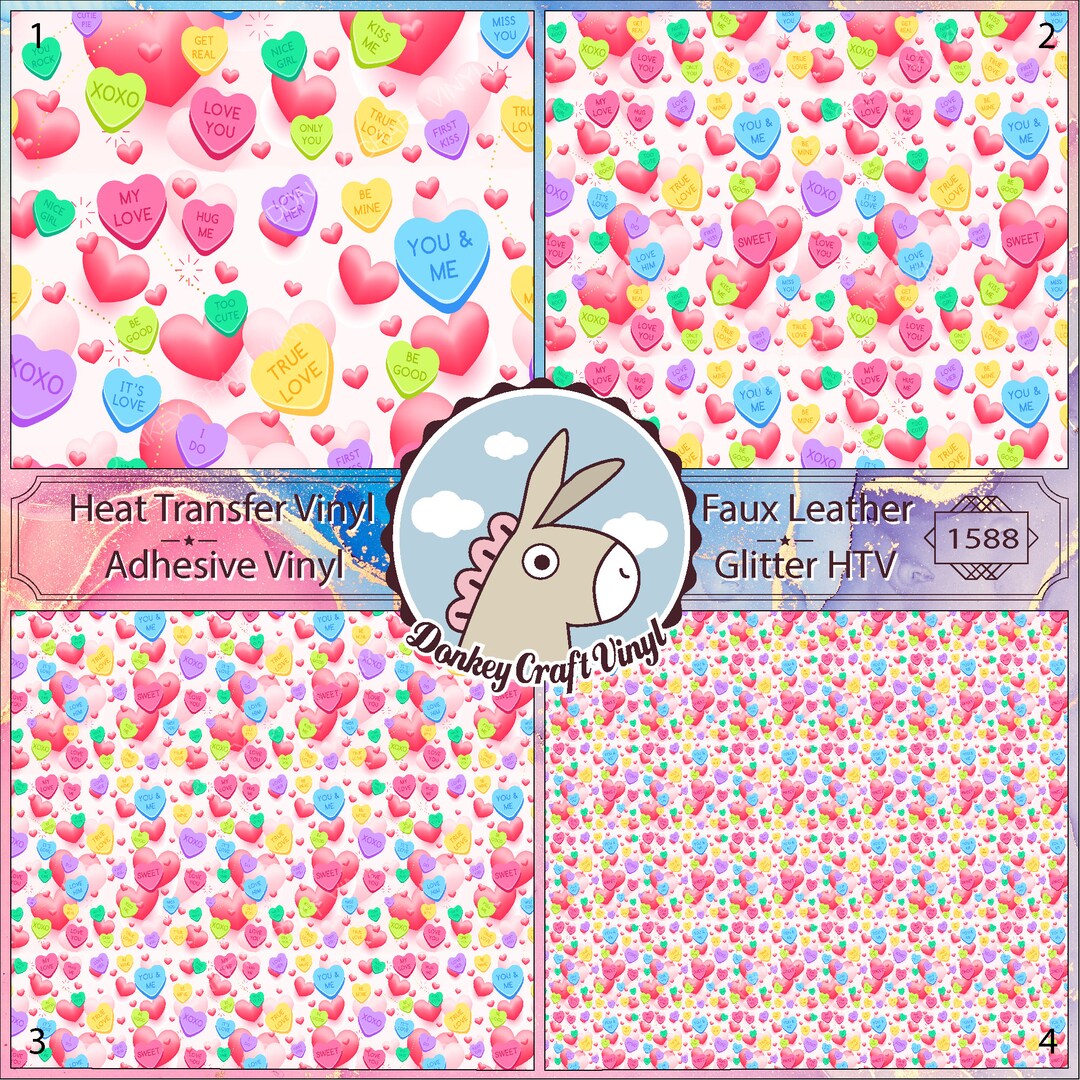 Valentine's Day Love Heart Candy Pattern Printed HTV, Pattern Glitter ...
