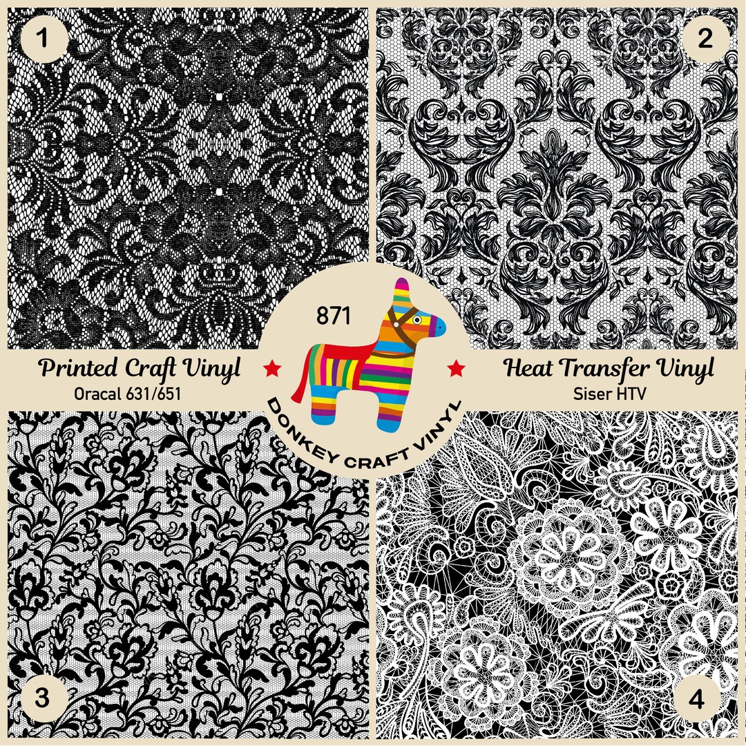 Black Lace Printed HTV, Pattern Vinyl, Faux Leather, Puff Heat Transfer ...
