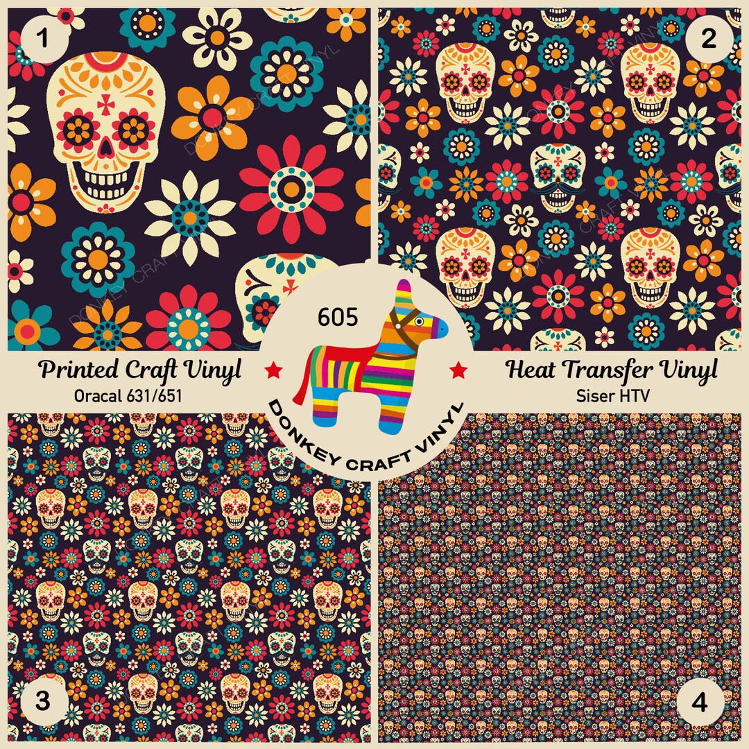 Sugar Skulls and Flowers Printed HTV, Pattern Vinyl, Patterned Vinyl ...