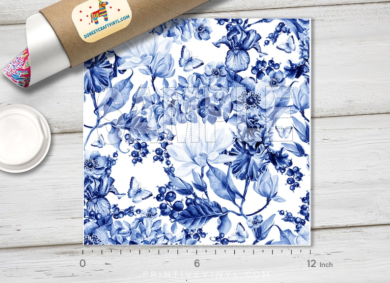 Watercolor Blue Vintage Flowers Printed HTV Iron on Vinyl - Etsy