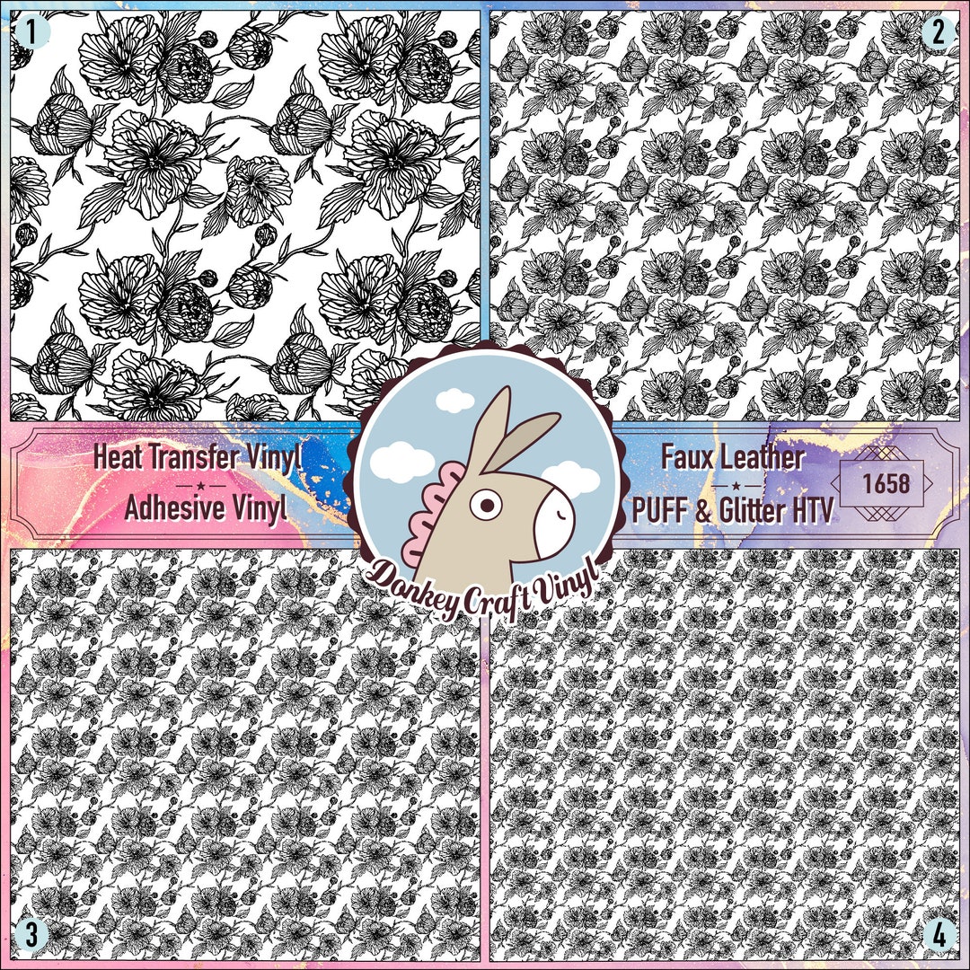 Peony Line Drawing Pattern HTV, Printed Vinyl, Faux Leather, Puff Heat ...