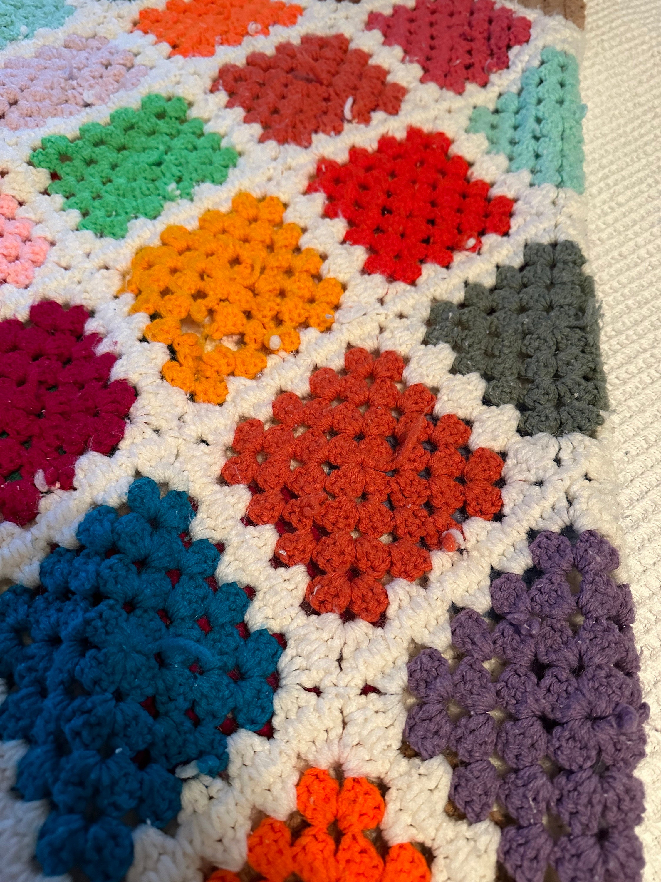 Vintage Granny Square Multi Color White Crochet Afghan 56 X 74 READ ...