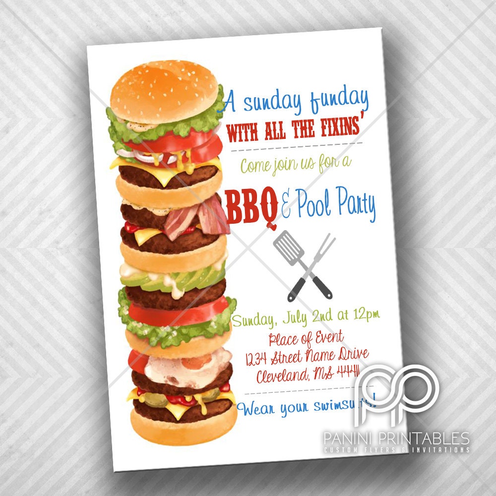 Sunday Funday Invitation - BBQ Invitation - BBQ Party - BBQ Pool Party ...