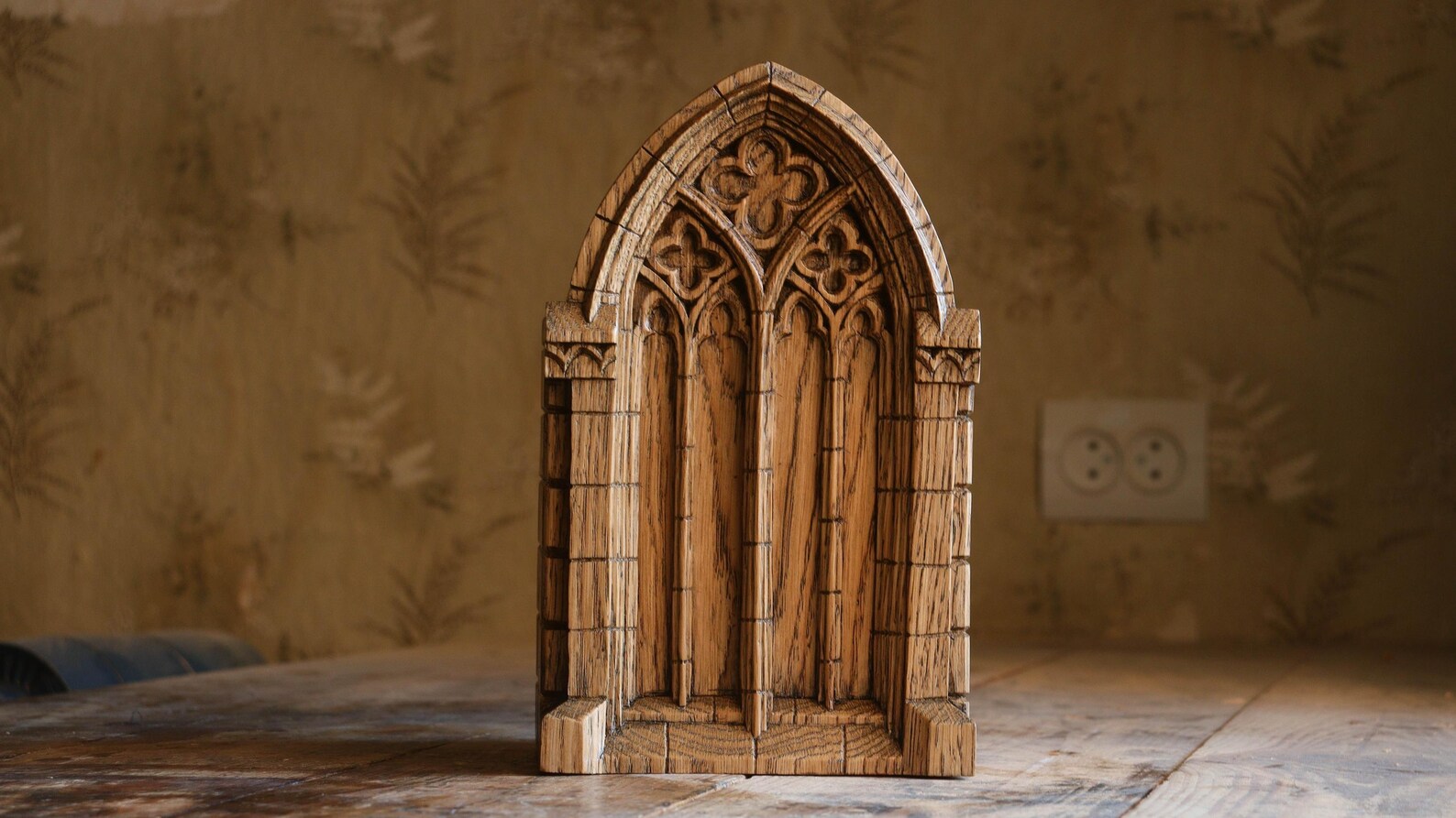 Handcrafted Wooden Gothic Window Model - Miniature Architectural Table ...