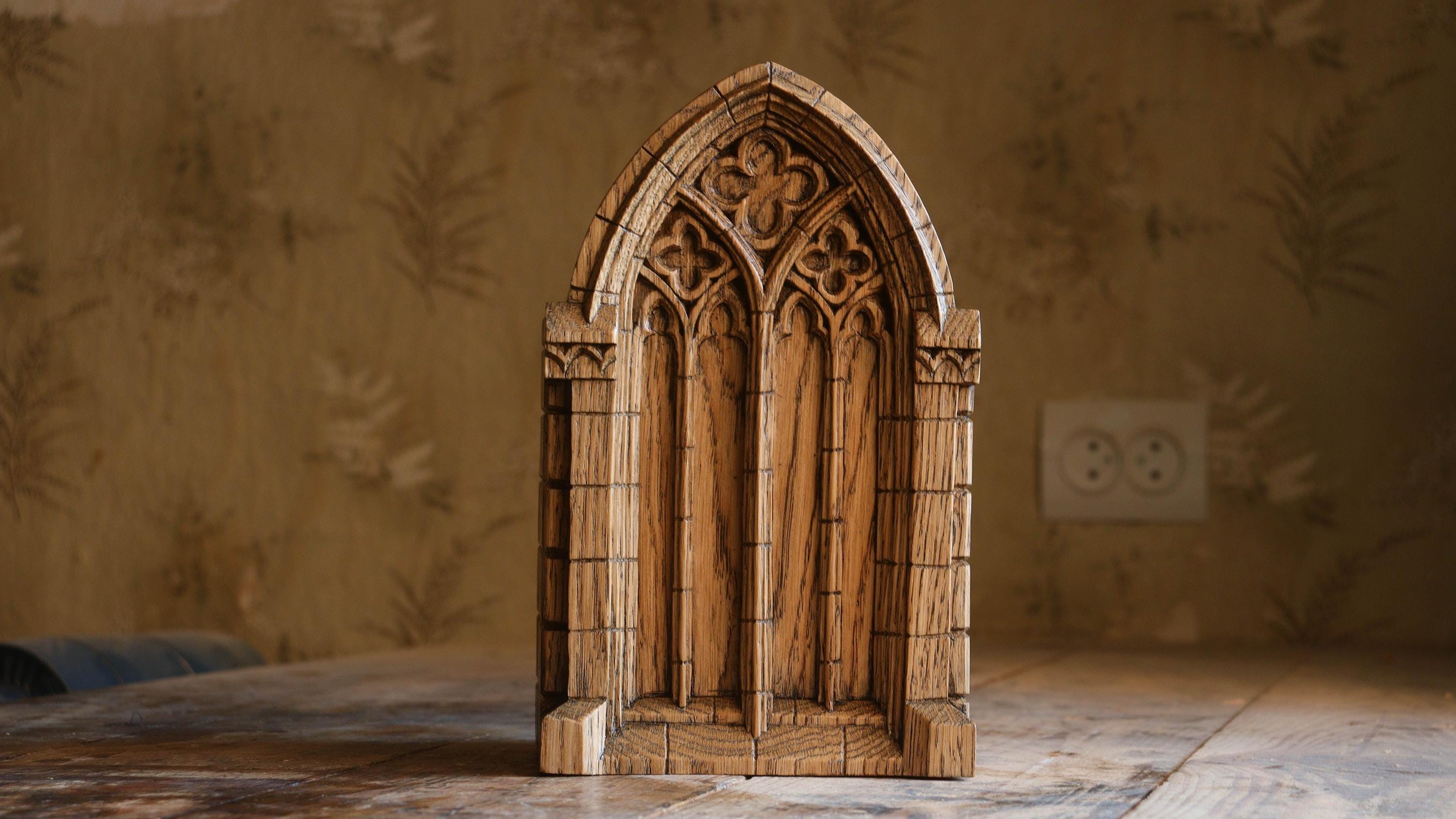 Handcrafted Wooden Gothic Window Model - Miniature Architectural Table ...