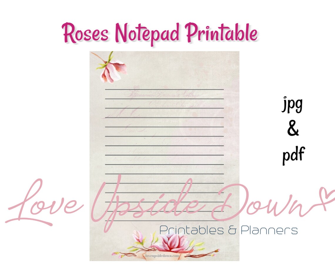 Roses Note Paper Printable Instant Download Flowers 5x7 Notepaper - Etsy