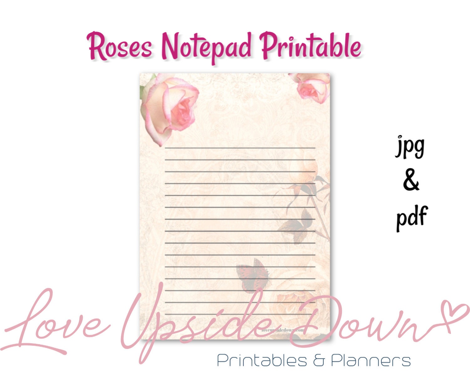 Roses Note Paper Printable Instant Download Flowers 5x7 Notepaper - Etsy