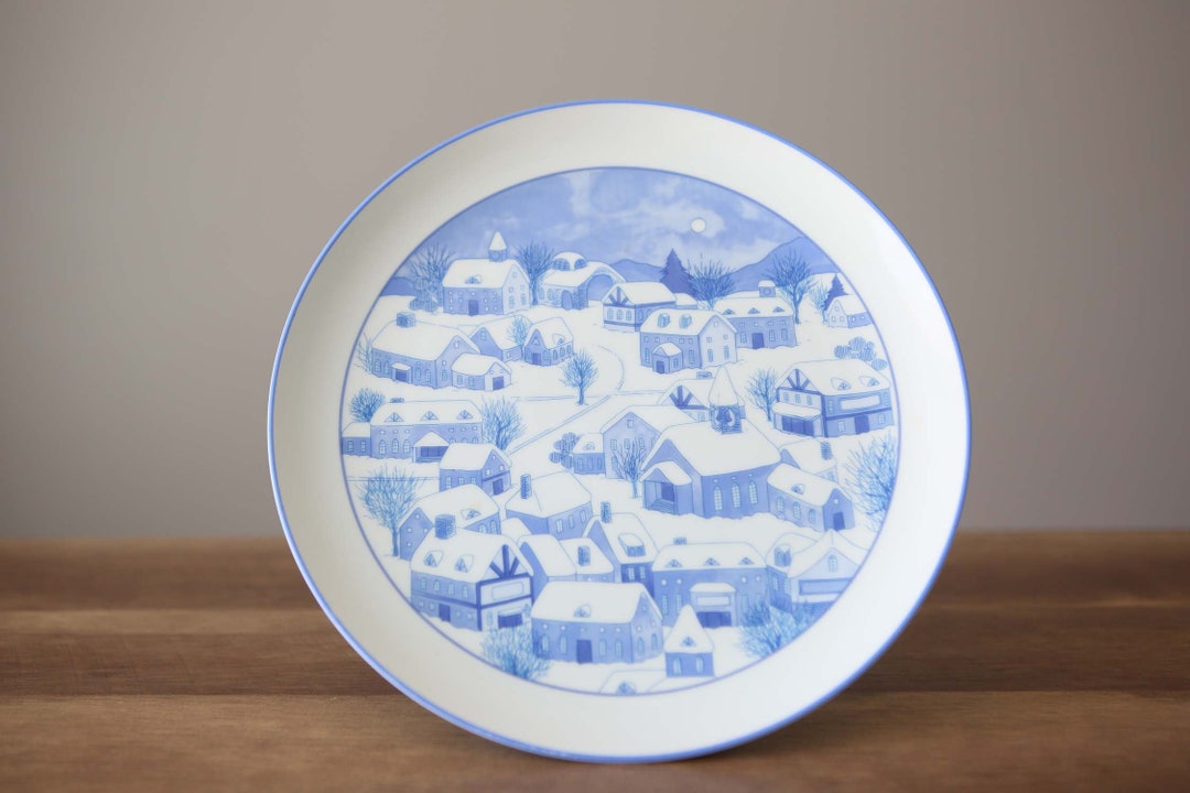 Vintage Winter Village Scene Cake Stand Plate Blue and White Christmas ...