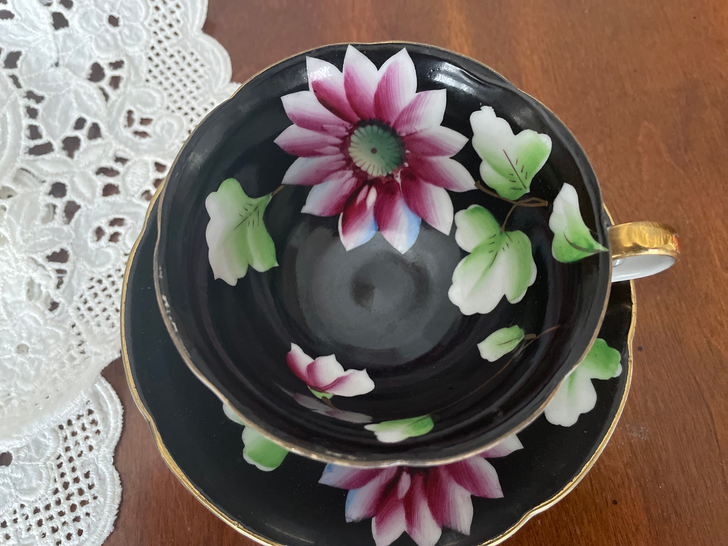Vintage Occupied Japan Merit China Black Floral Tea Cup and Saucer Hand ...