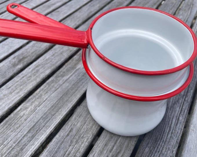 Vintage Enamelware Stackable Double Boiler White Red Farmhouse Rustic ...