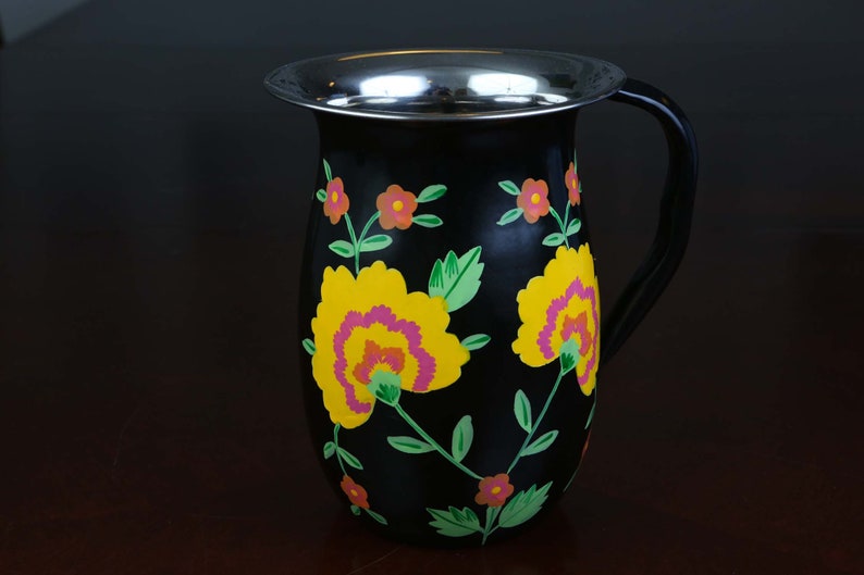 Hand Painted Enamel Metal Water Pitcher/vase Black With - Etsy