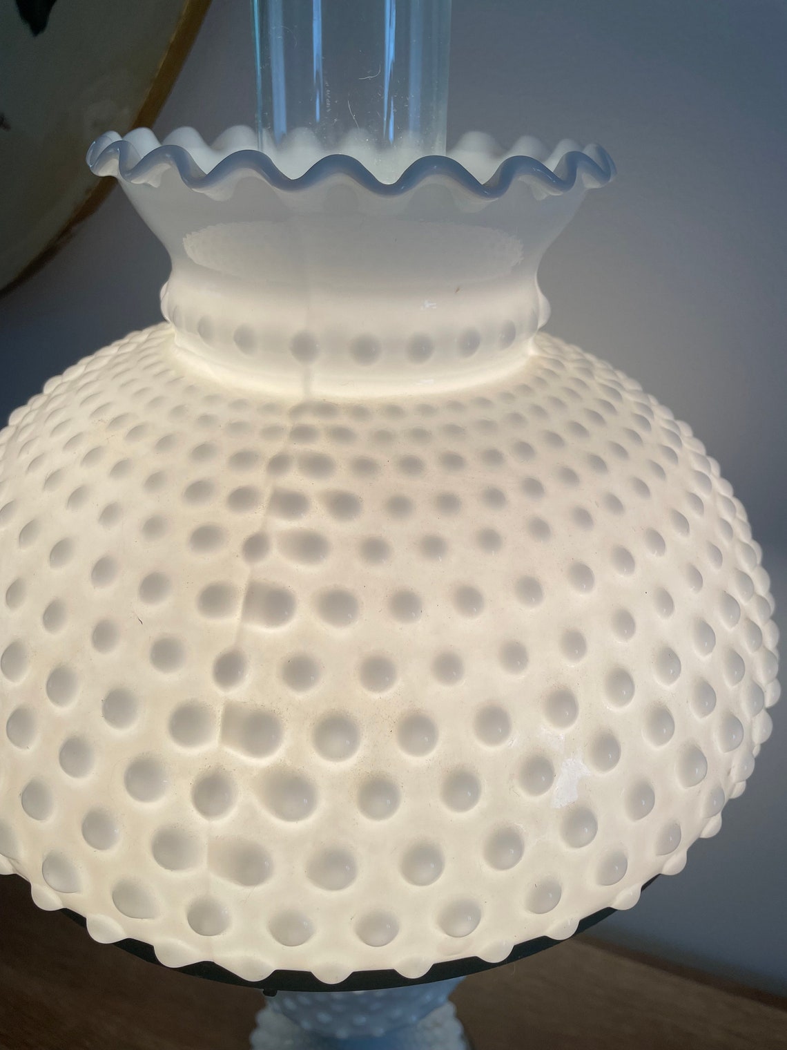 Vintage Large Hurricane White Milk Glass Hobnail Table Lamp Mid Century ...