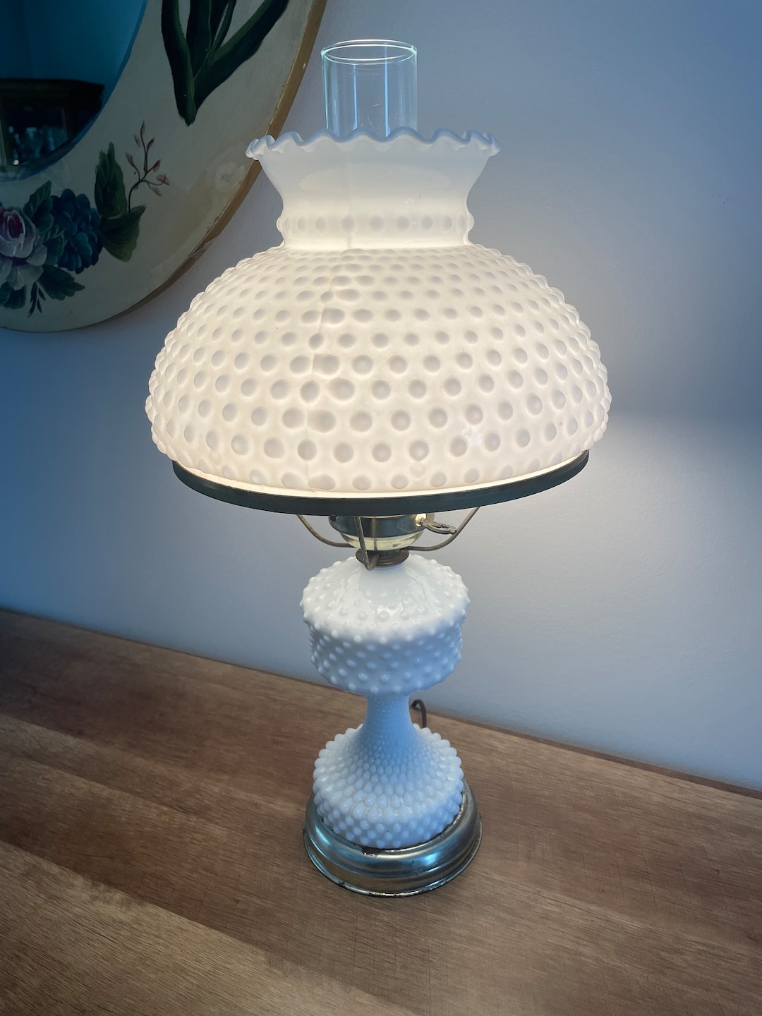Vintage Large Hurricane White Milk Glass Hobnail Table Lamp Mid Century ...