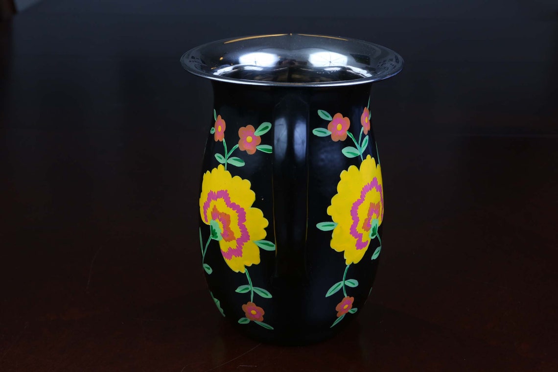 Hand Painted Enamel Metal Water Pitcher/vase Black With Flowers Cottage ...