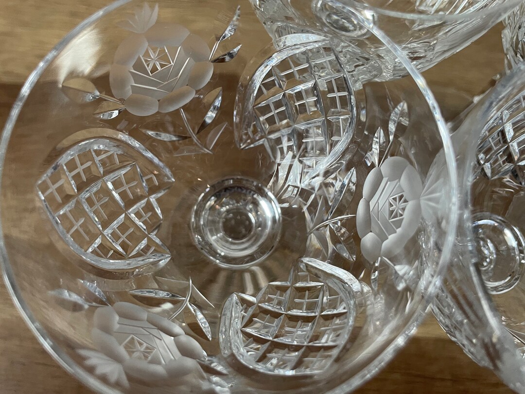 Vintage Beyer Bez2 Cut Rose and Arch Design Crystal Wine Glasses Set of ...