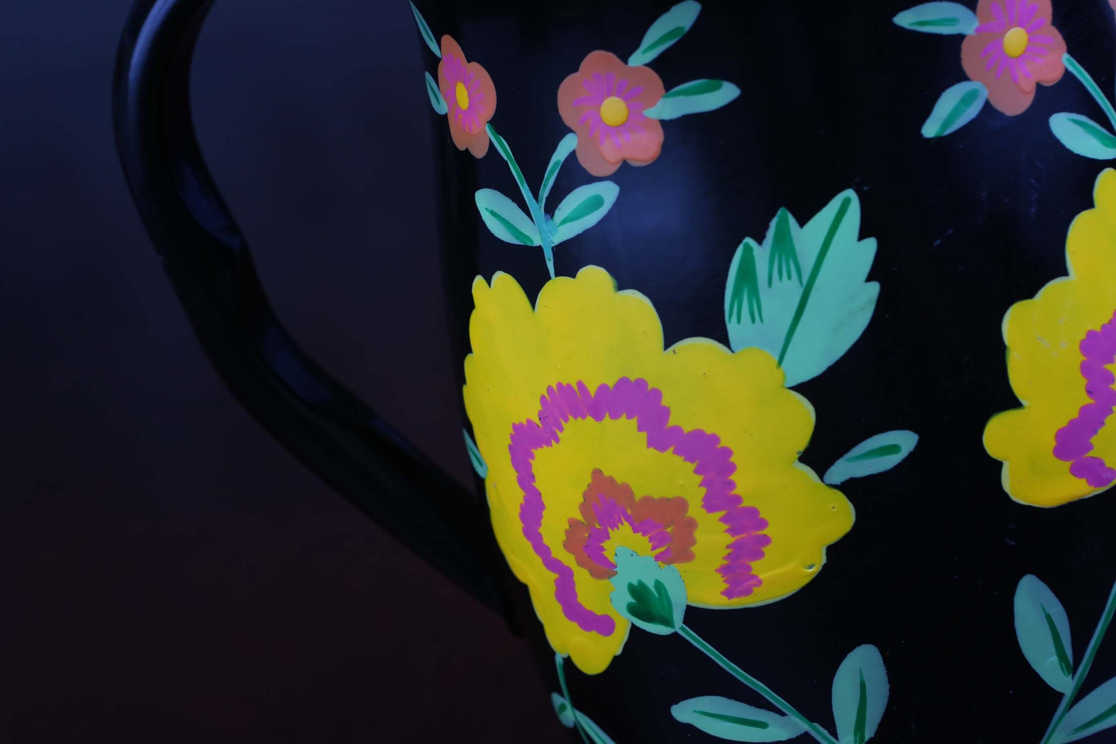 Hand Painted Enamel Metal Water Pitcher/vase Black With Flowers Cottage ...