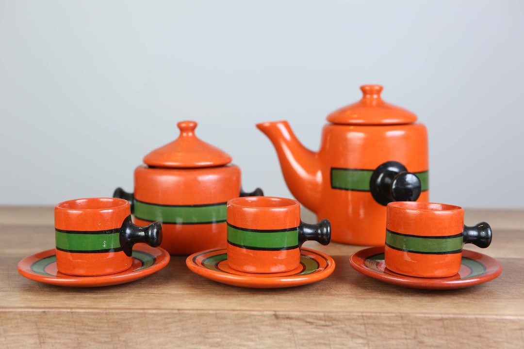 Vintage Ceramic Coffee Set Art Pottery Coffee Pot, Sugar Bowl and 3 ...