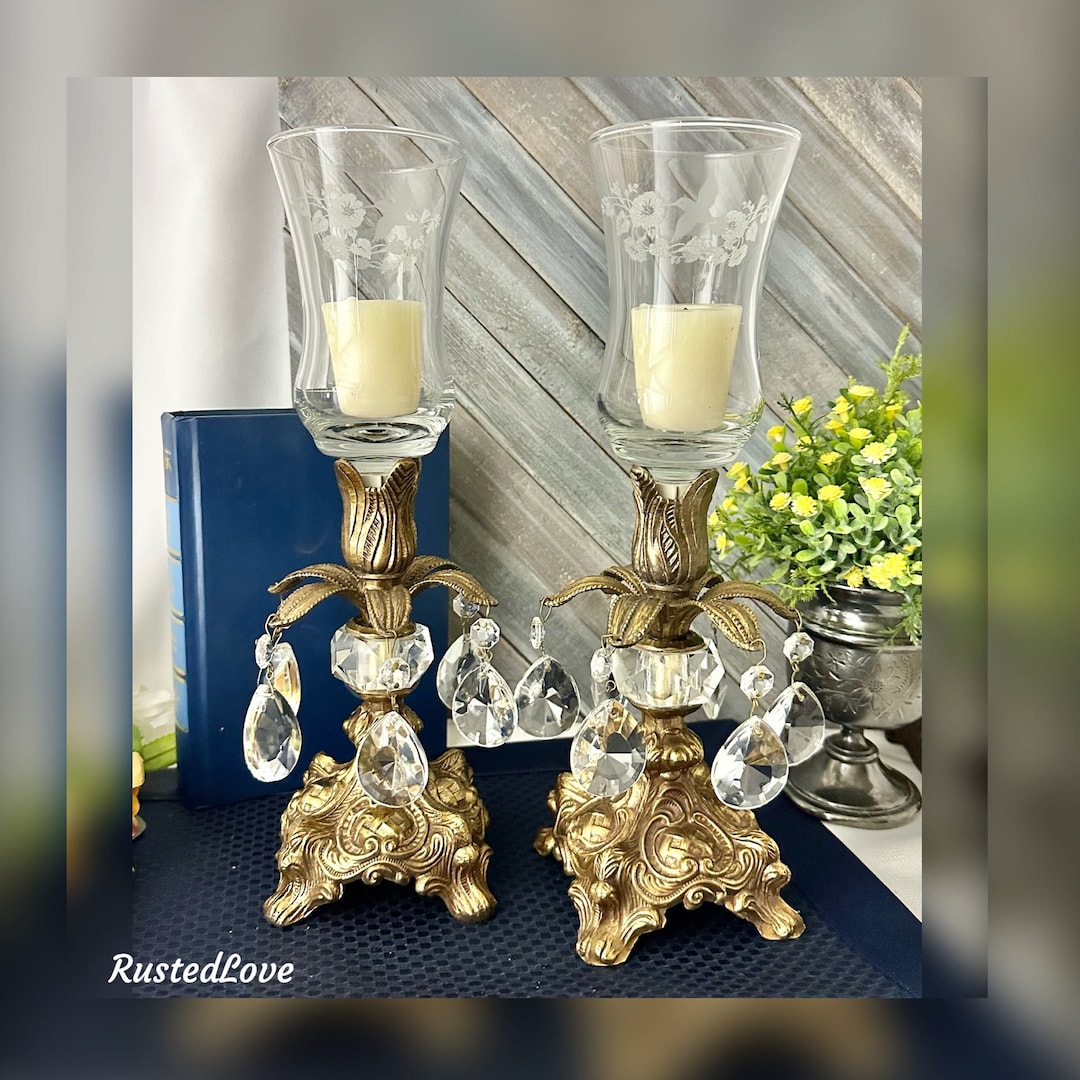 Baroque Candle Holders With Crystals / Vintage Gold Candle Hurricane ...
