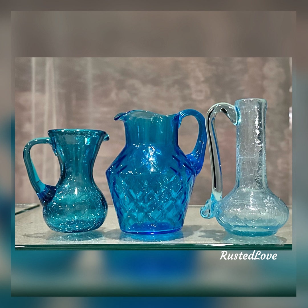 Vintage Blue Crackle Glass Mini Pitchers / HAND Blown Set of 3 - Etsy