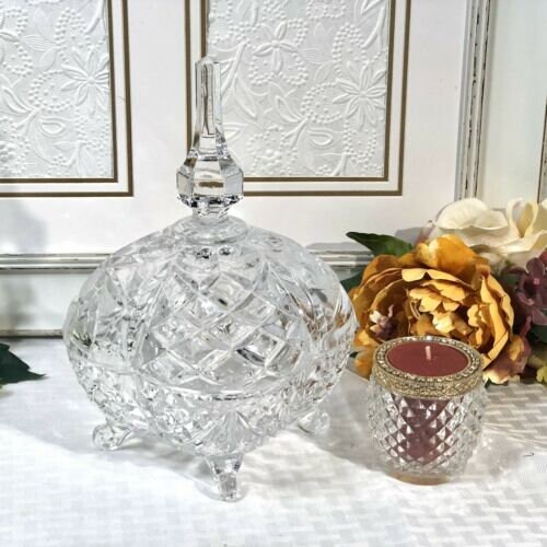 Vintage crystal Footed Candy Dish w/ Lid Cut Crystal Trinket Dish ...