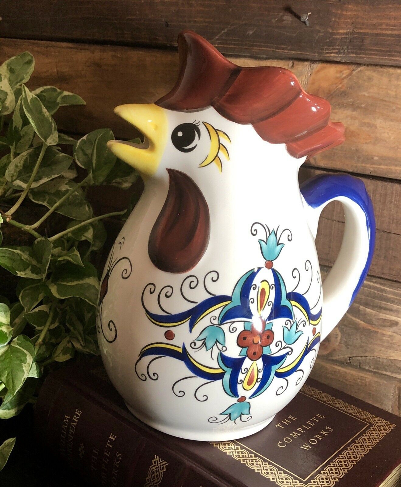 Hand Crafted Pier 1 SAN MARINO Rooster Pitcher Red Blue Yellow Scrolls ...